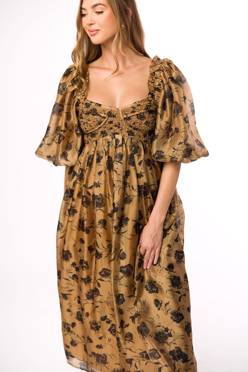 Harlow Camel & Black Floral Maxi Dress with Stretchy Neckline - Bump F – Worth Collective