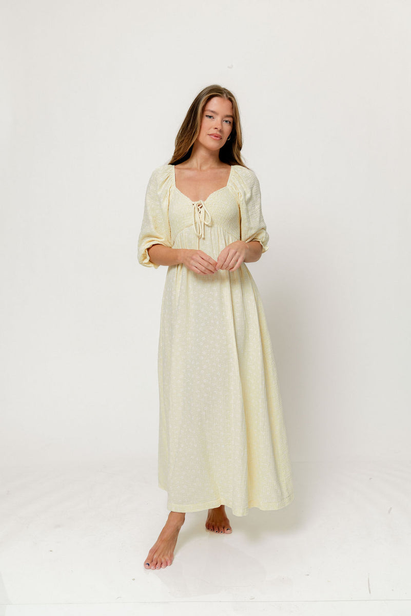 Cecilia 100% Cotton Smocked Maxi Dress in Custard Foliage - Bump Frien ...