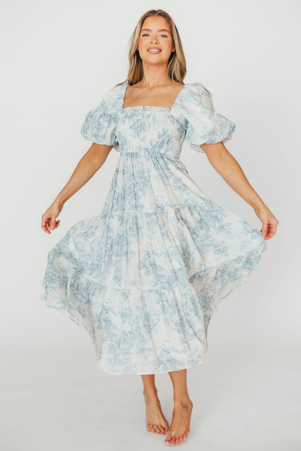 Elena Floral Print Smocked Midi Dress in Blue - Bump Friendly & Inclus ...