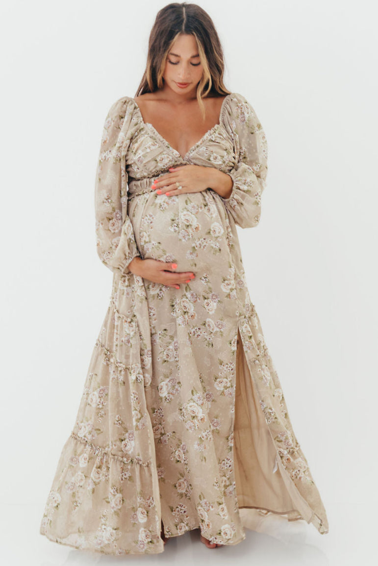 Daphne Long Sleeve Maxi Dress in Beige/Multi Floral - Bump Friendly ...