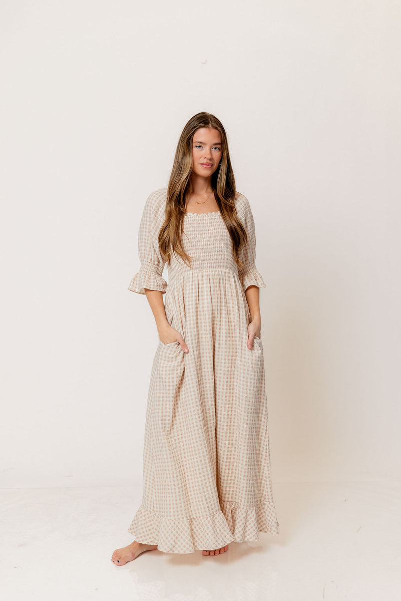 Sienna 100% Cotton Puff Sleeve Maxi Dress in Rose Plaid (Lined) - Bump ...
