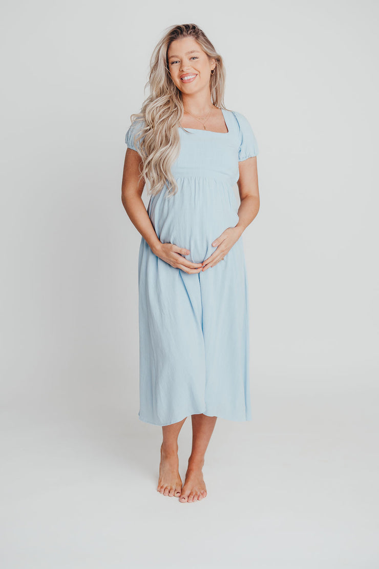 August Open Back Midi Dress in Baby Blue - Bump Friendly – Worth Collective